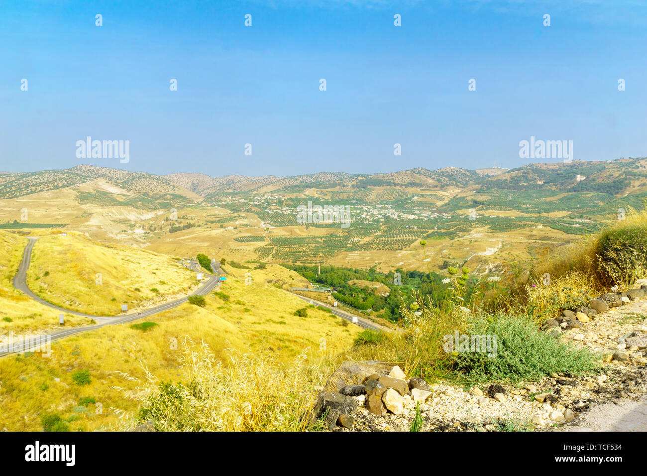 Landscape of the Golan Heights, winding road 98, and the Yarmouk River ...