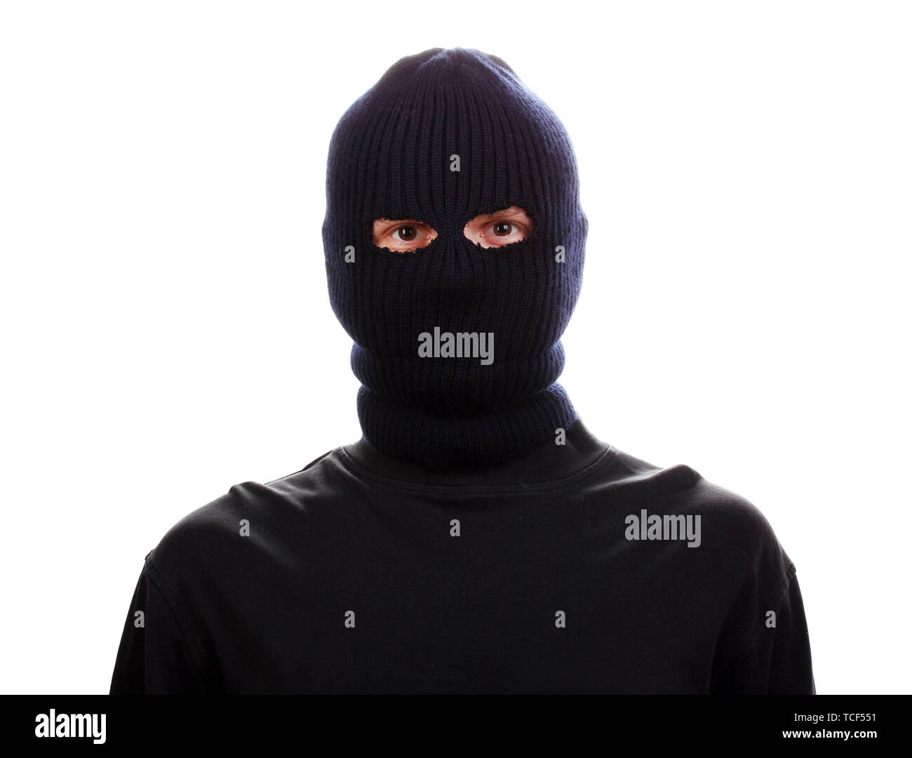 Bandit in black mask isolated on white Stock Photo - Alamy