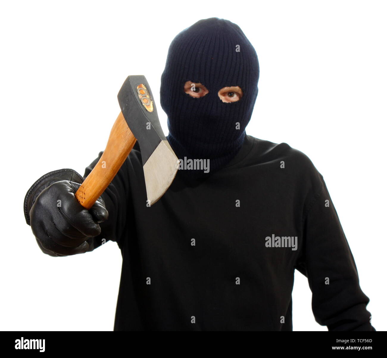 Bandit in black mask with hatchet isolated on white Stock Photo - Alamy