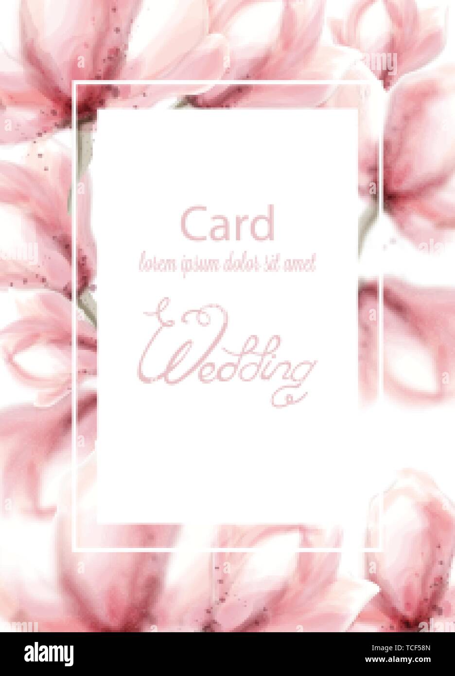 Wedding card with pink flowers Vector watercolor. Delicate floral frame ...