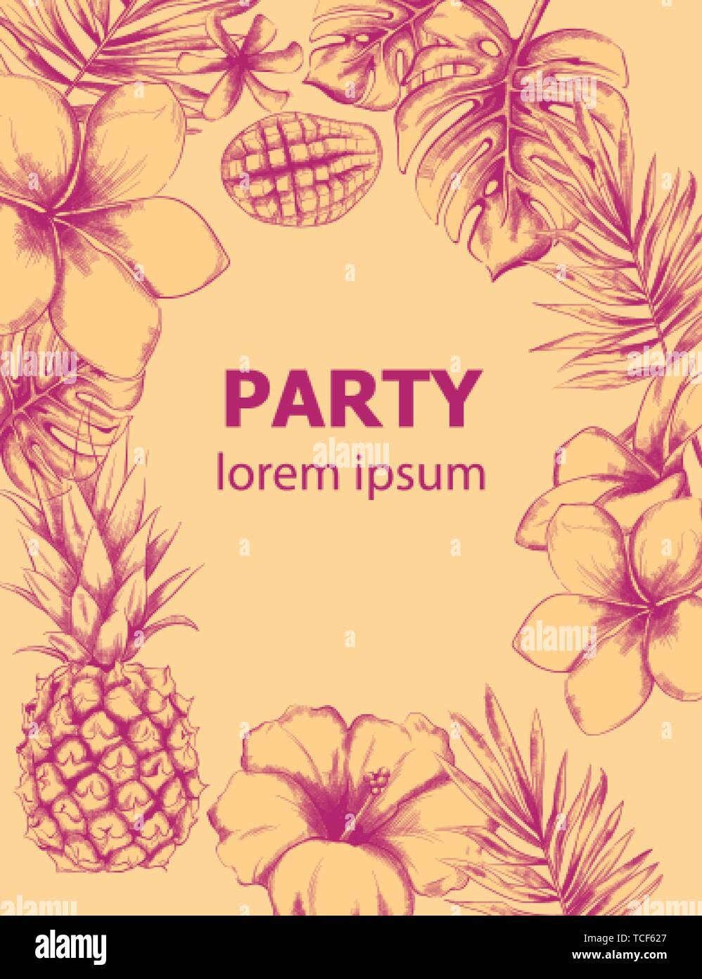 Pineapple and tropic flowers summer poster Vector line art. Pink color ...