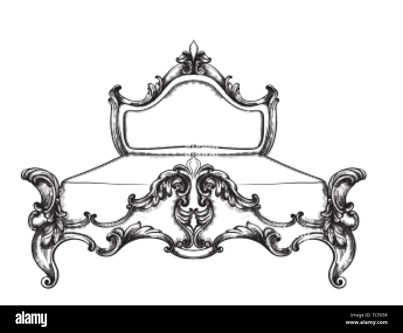 Baroque bed Vector line art. Ornamened decor designs. Luxury imperial ...
