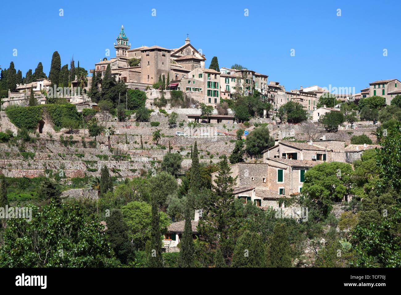 Town view, historical mountain village Valldemossa with Carthusian ...