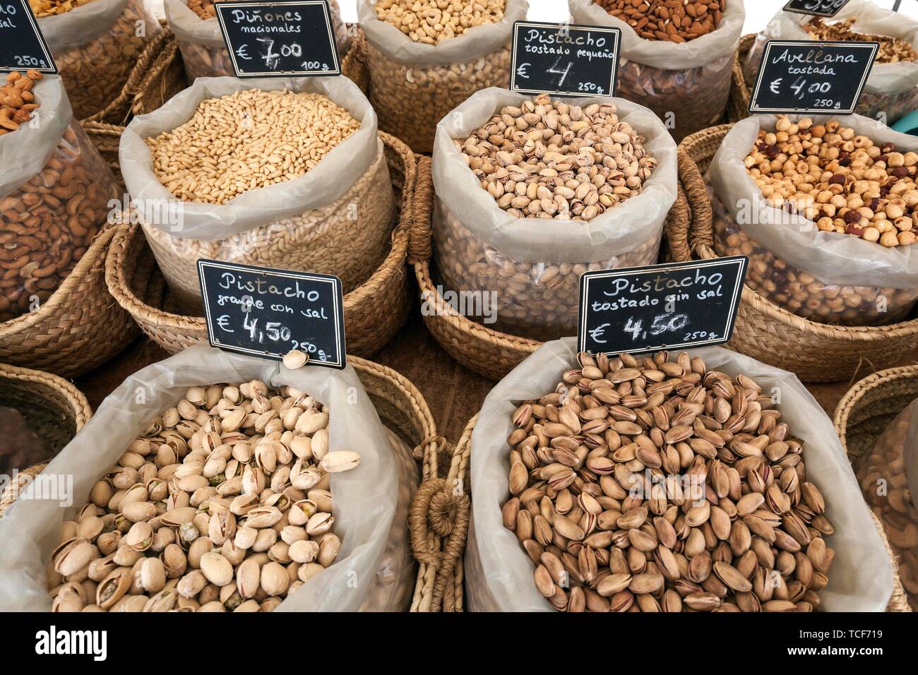 Various nuts for eating, street market in S'Arenal, Majorca, Balearic ...