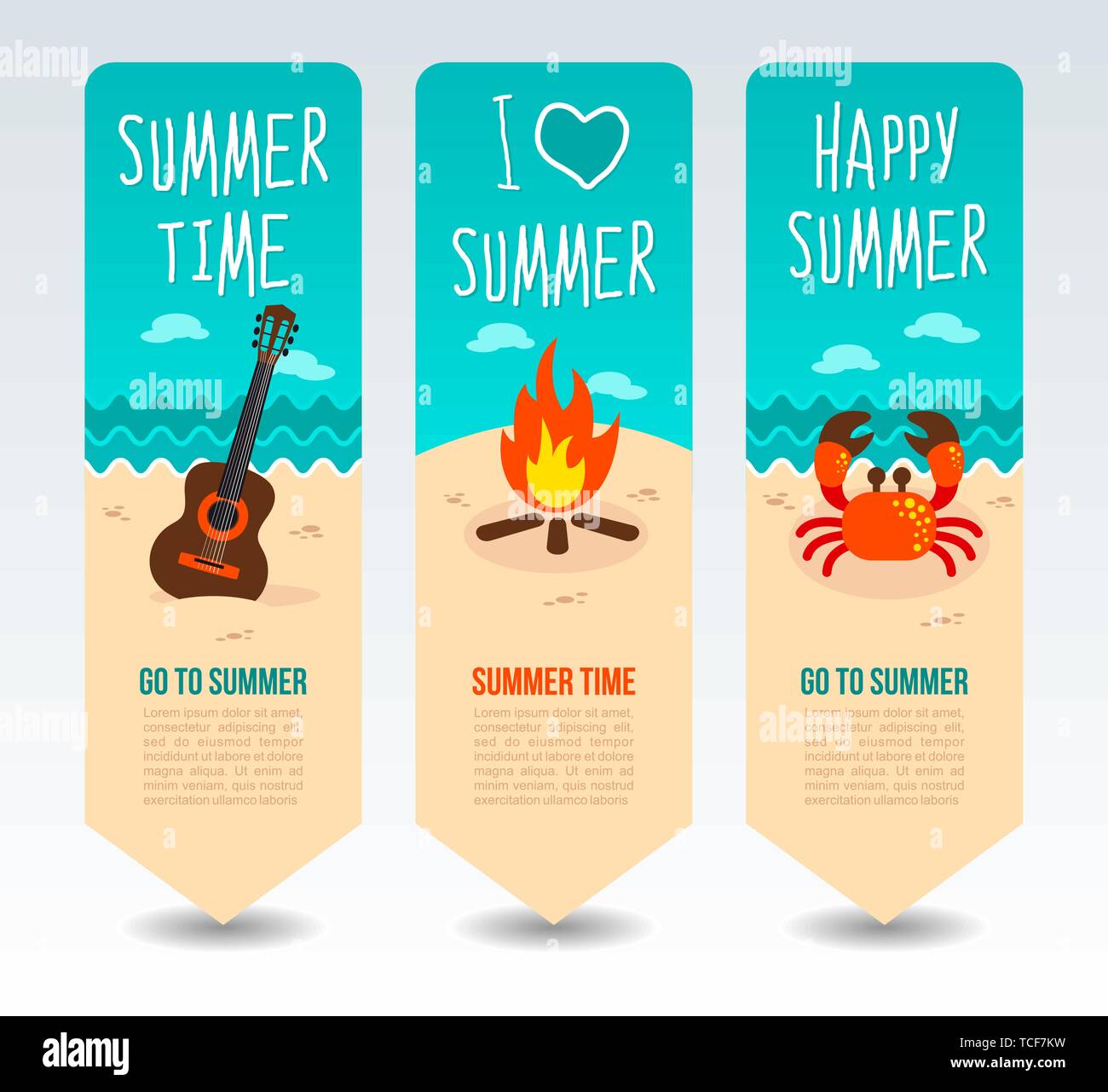Guitar, bonfire and crab. Summer Travel and vacation vector banners ...