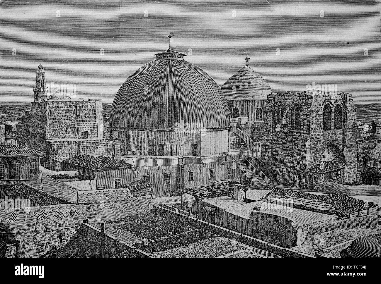 Church of the Holy Sepulchre at Jerusalem, 1860, historical woodcut ...