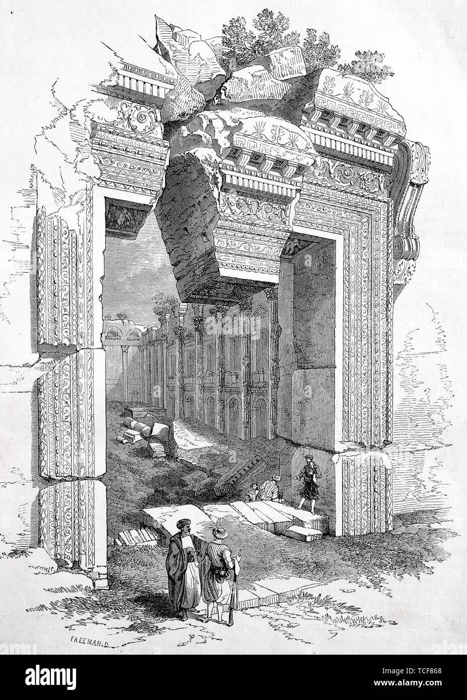 Entrance to the temple of Jupiter in Baalbek, 1870, historical woodcut ...