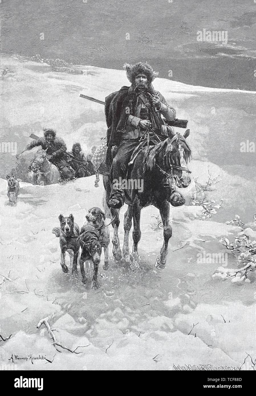 Return from bear hunting in Poland, 1880, historical woodcut, Poland ...