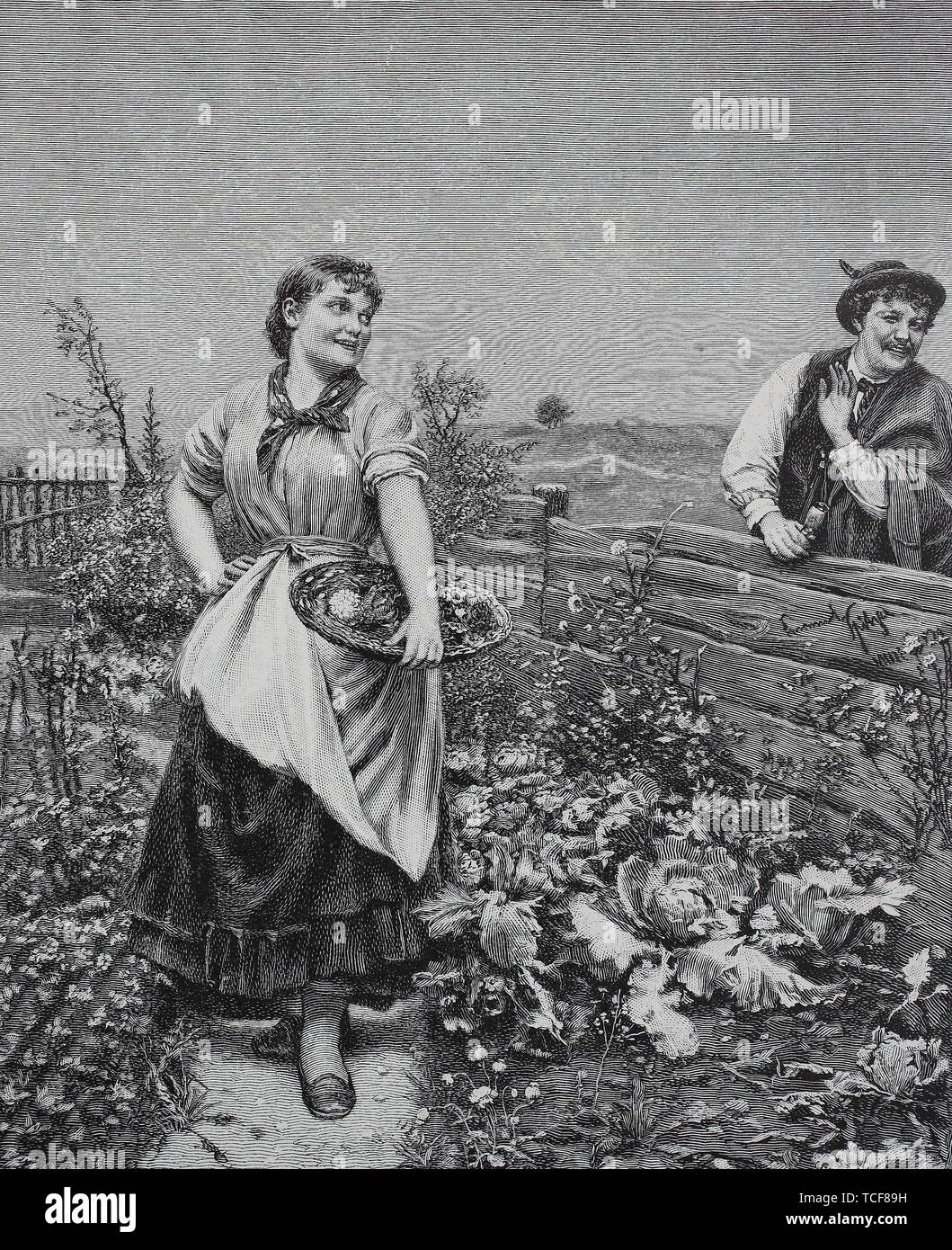 Young woman standing in her herb garden and the neighbour wants to ...