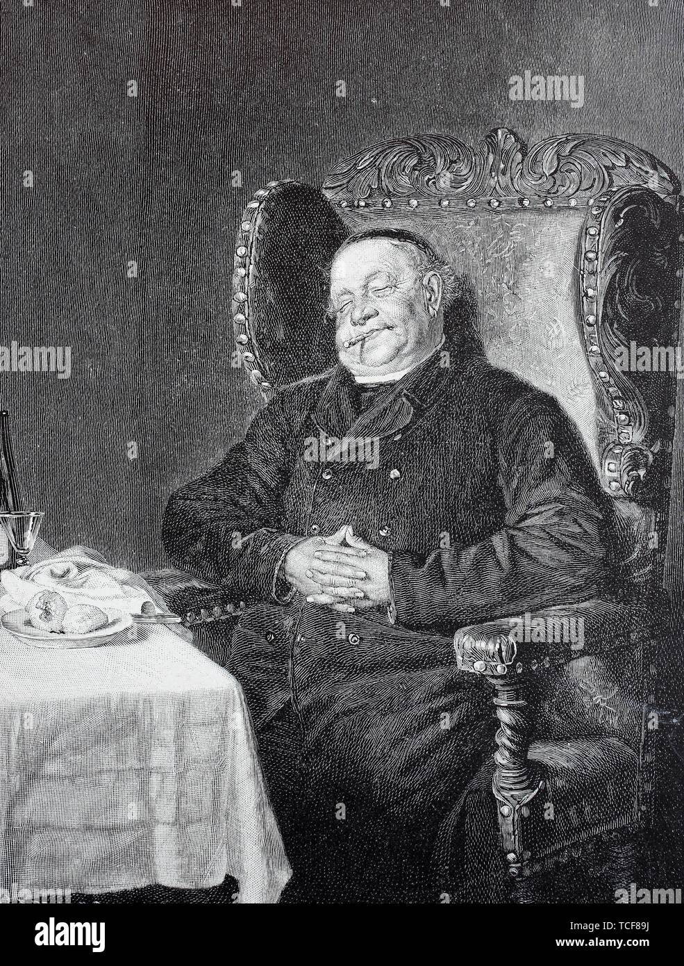 Wohl obese priest sits after the meal satisfied and with a cigar in his ...