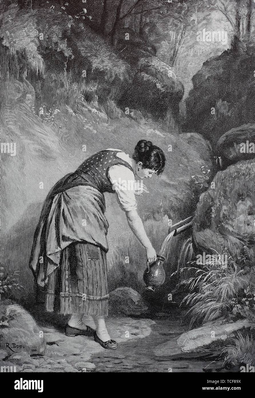 Young woman scooping Easter water at the fountain, 1880, historical ...