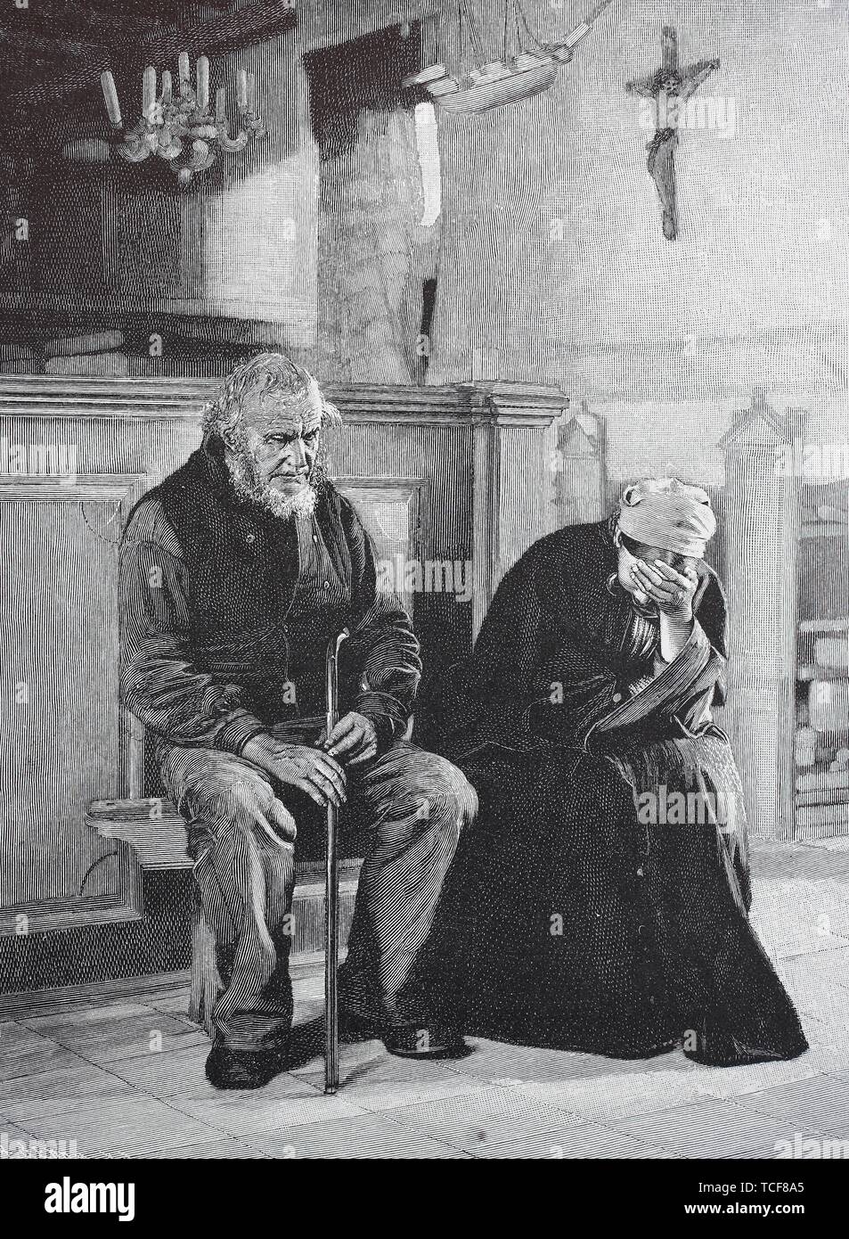 In deep mourning, two grieving old people in church, 1880, historical ...