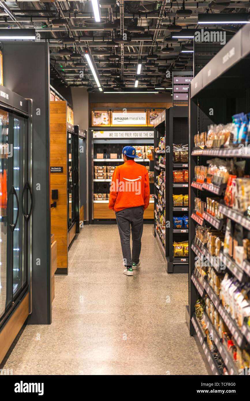 Food shelves in cashless supermarket, Amazon Go store, American ...