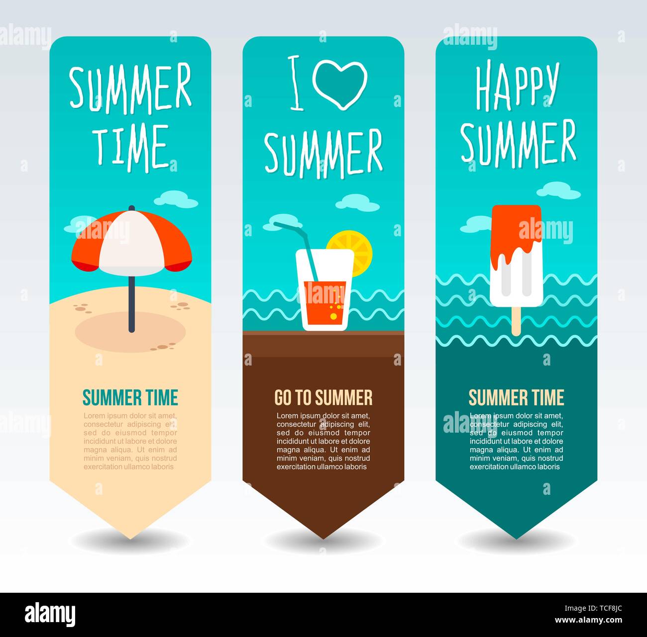 Beach umbrella, ice cream and cocktail. Summer Travel and vacation vector banners. Summertime ...