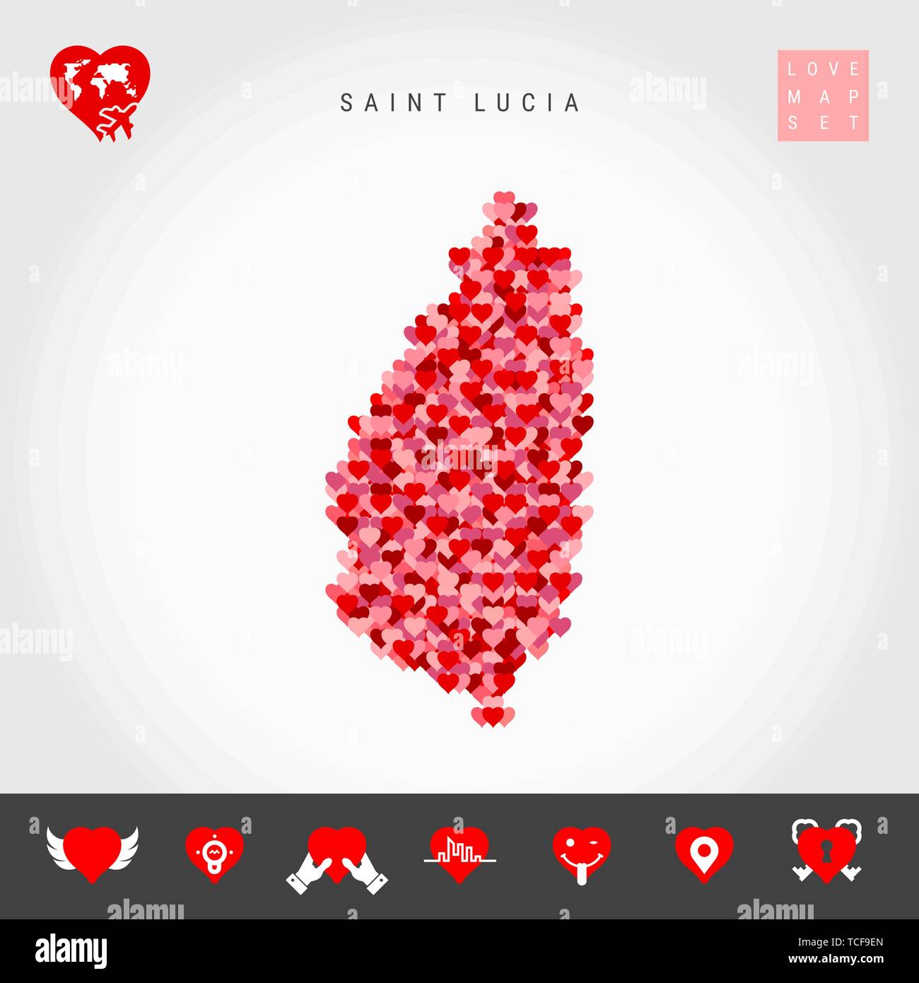 I Love Saint Lucia. Red and Pink Hearts Pattern Vector Map of Saint ...