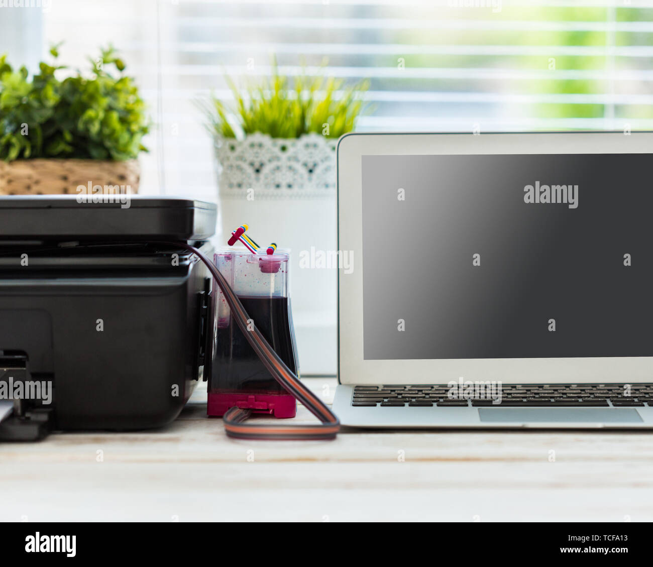 Printer and computer. Office table Stock Photo - Alamy