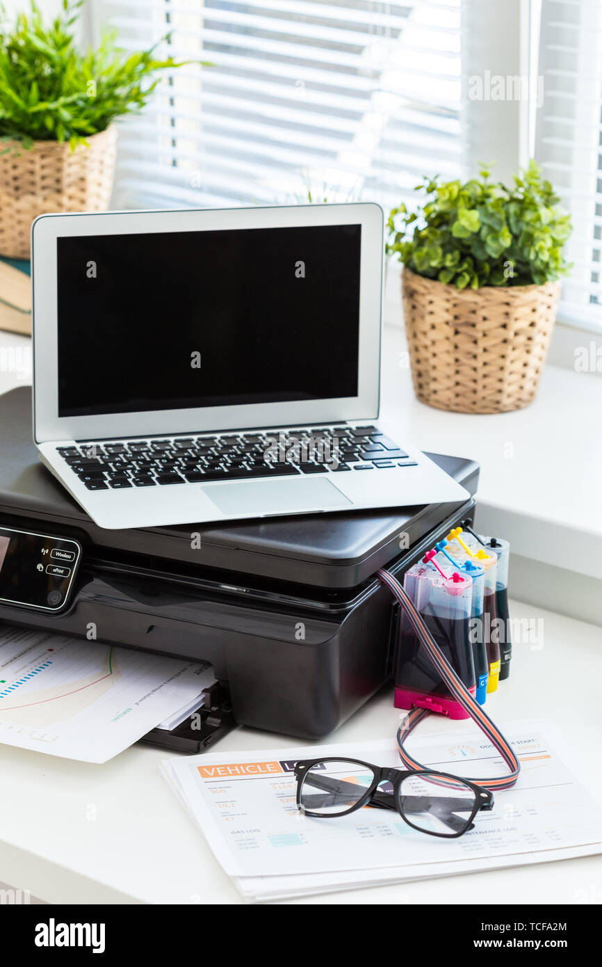 Printer and computer. Office table Stock Photo - Alamy