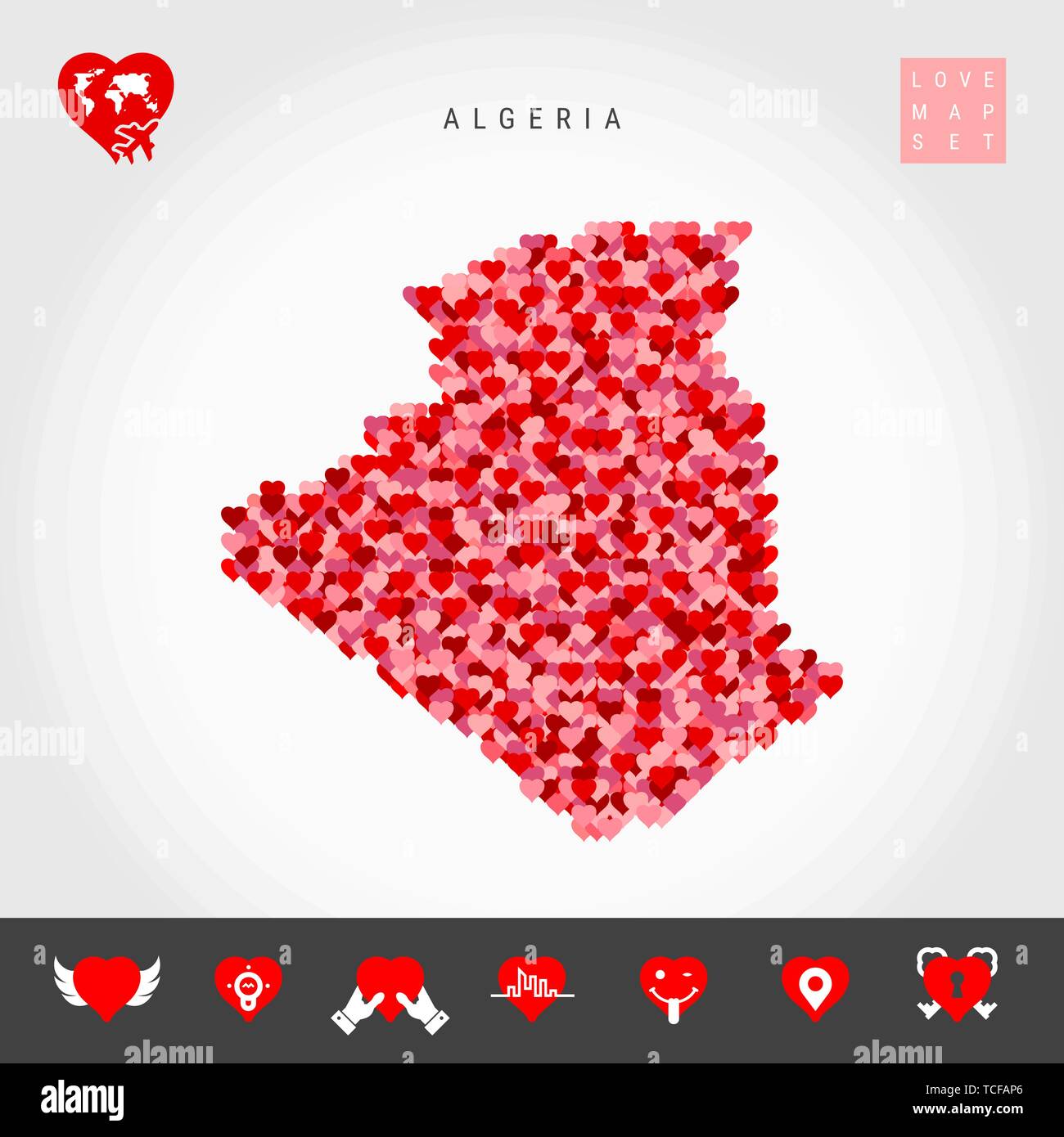 I Love Algeria. Red and Pink Hearts Pattern Vector Map of Algeria ...