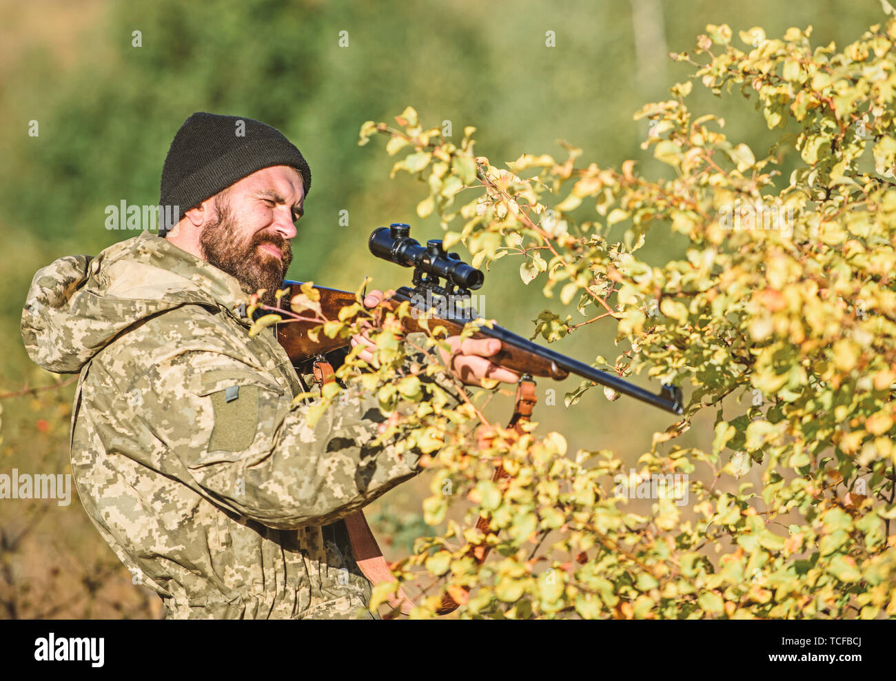 Bearded man hunter. Military uniform fashion. Army forces. Camouflage ...