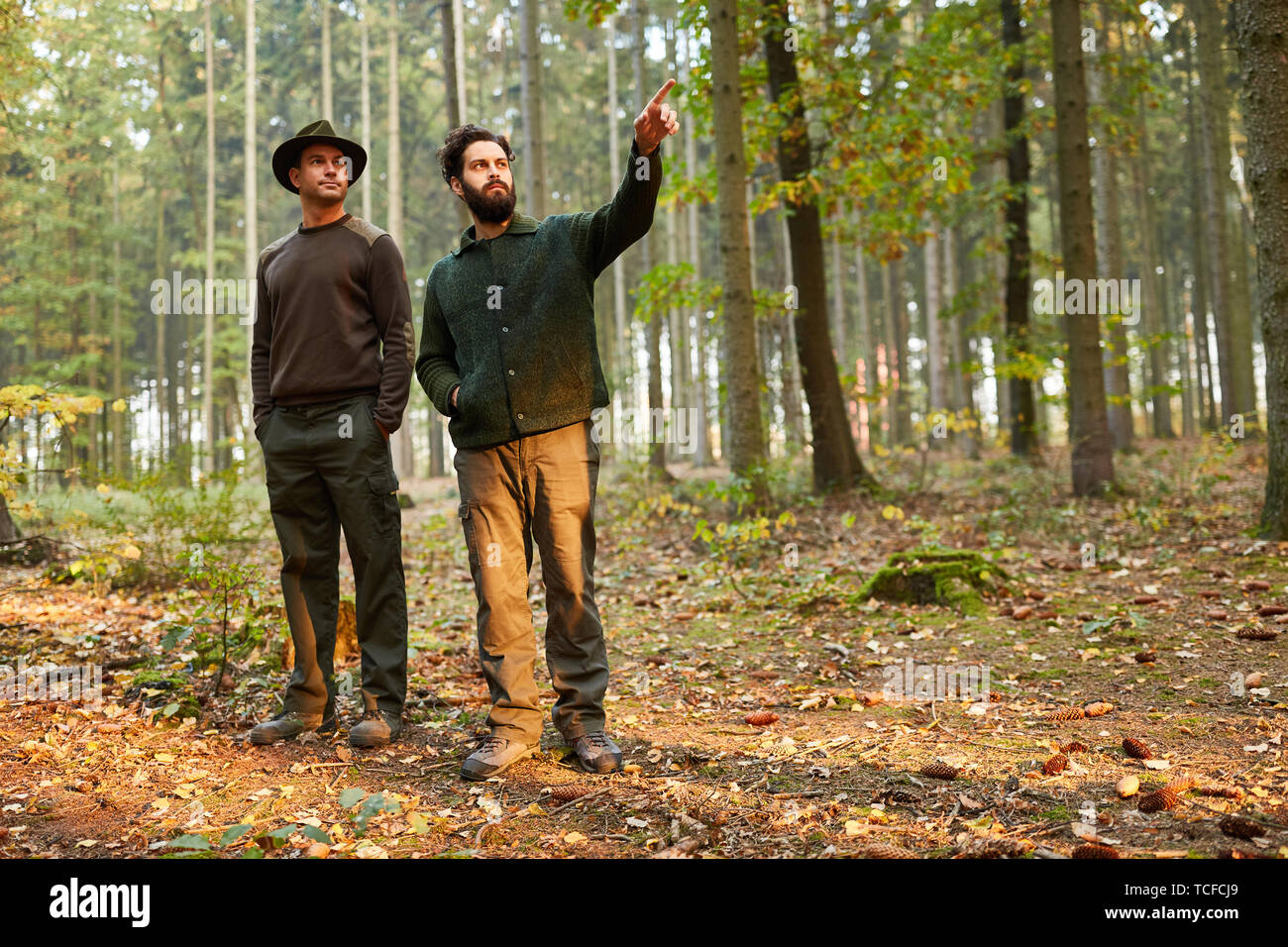 Two foresters at a forest inspection for nature conservation and ...