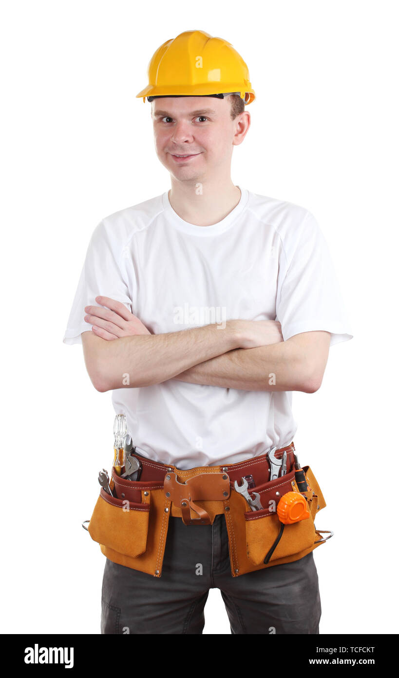 Young builder with helmet and tools isolated on white Stock Photo - Alamy