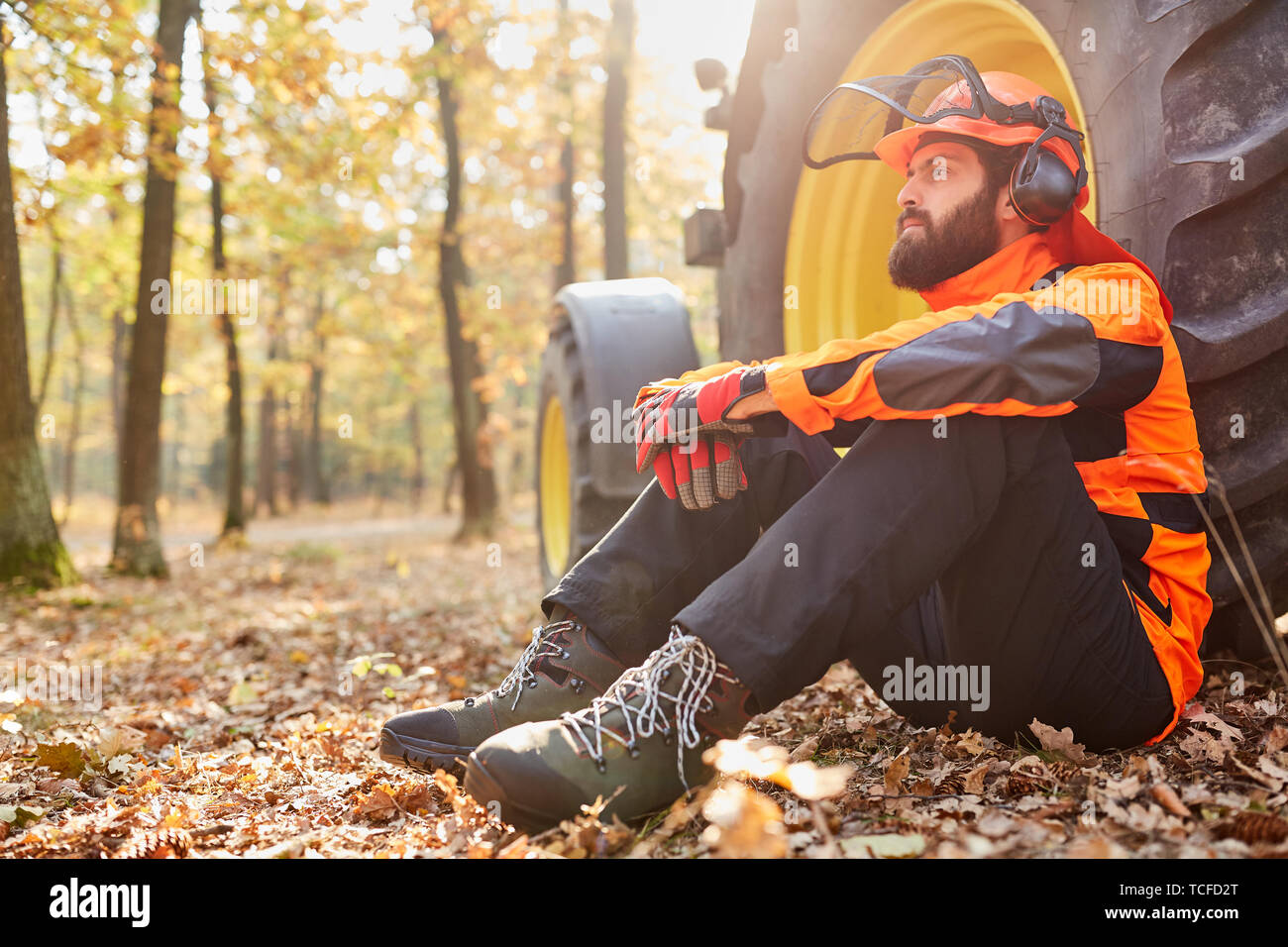 Tired forest worker is sitting at the tractor and taking a break at the ...