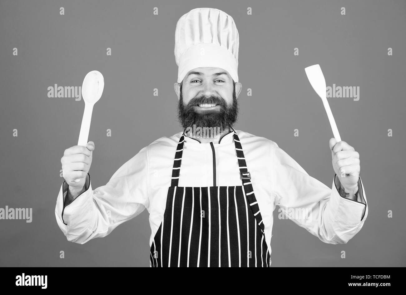 Great day. Chef man in hat. Secret taste recipe. Vegetarian. Mature ...