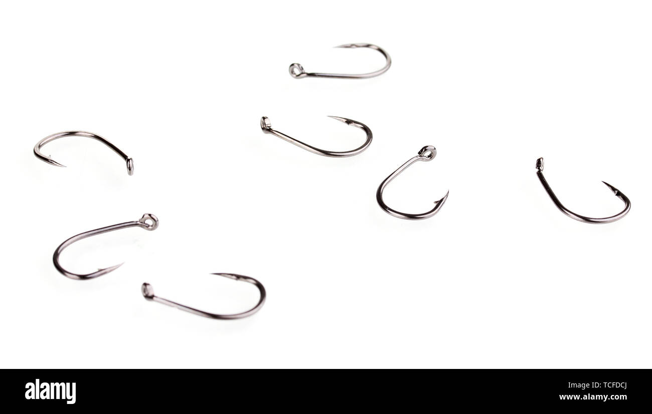 Fish hooks isolated on white Stock Photo - Alamy