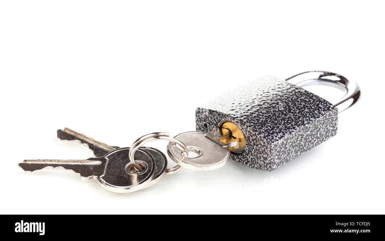 Modern padlock with keys isolated on white Stock Photo - Alamy