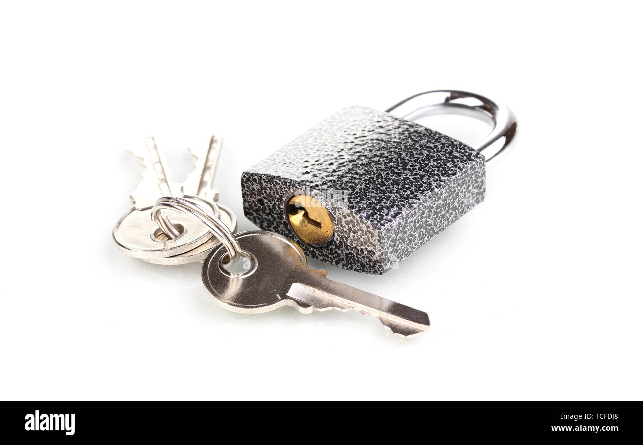 Modern padlock with keys isolated on white Stock Photo - Alamy