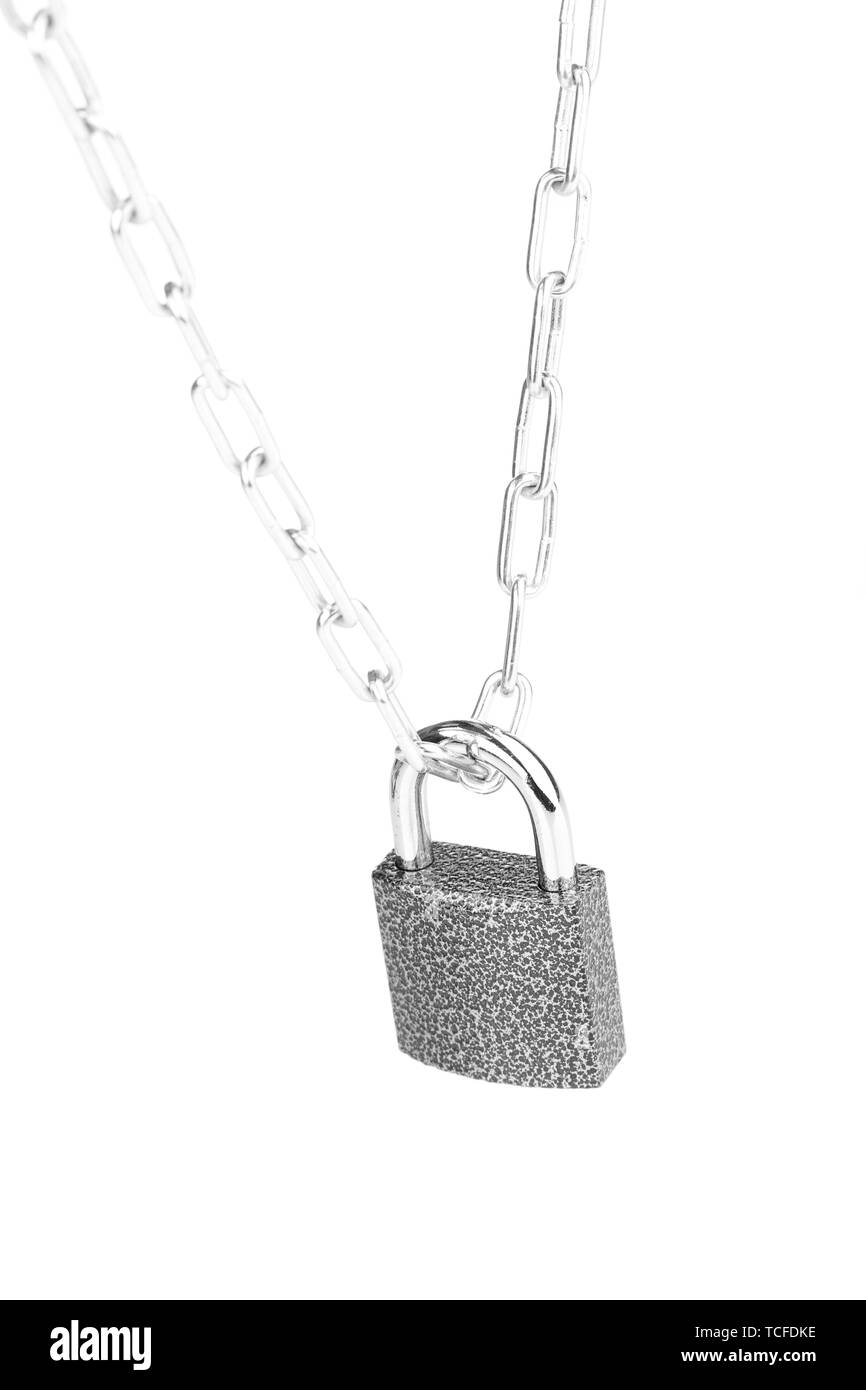 Modern padlock on chain isolated on white Stock Photo - Alamy