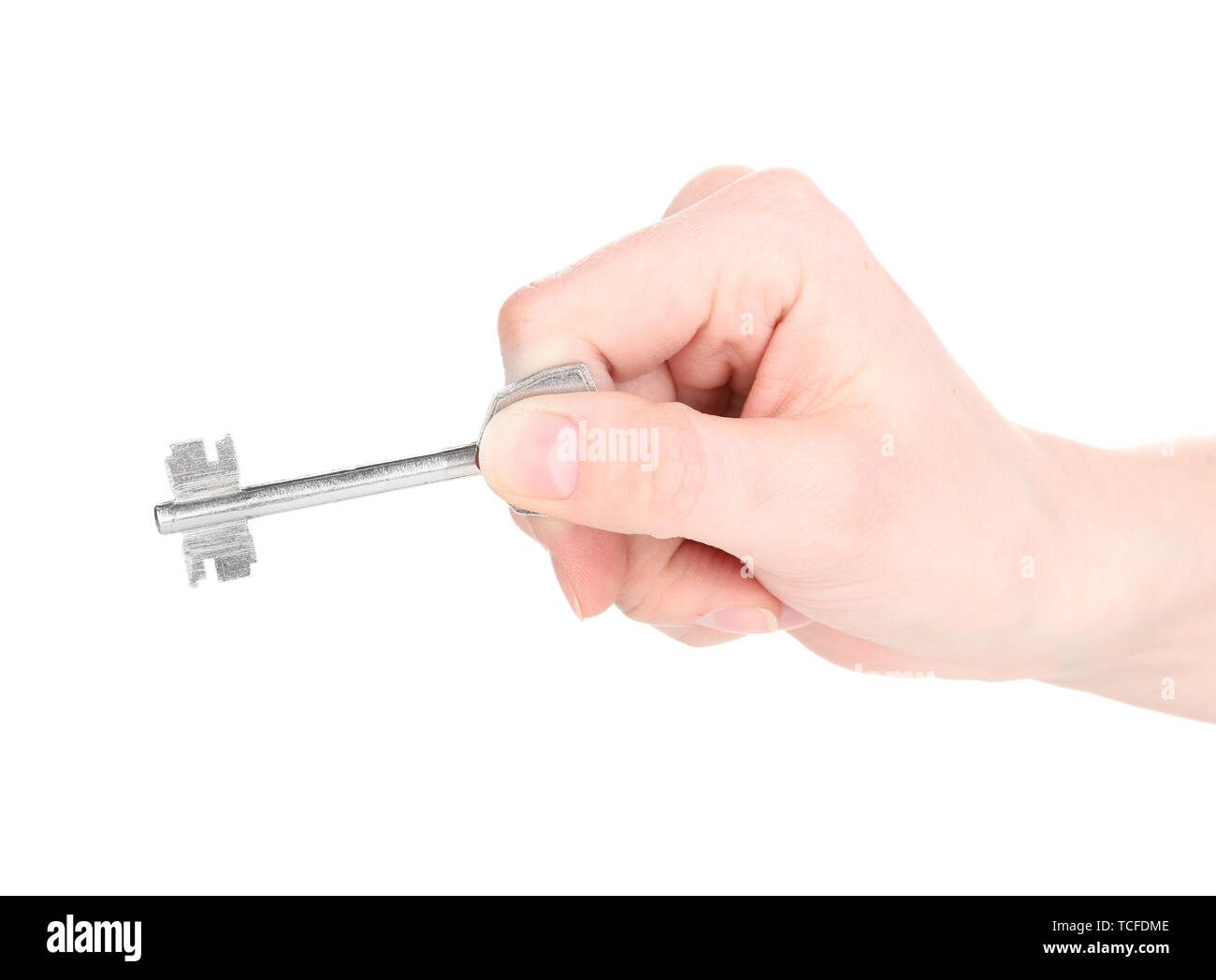 Key in hand isolated on white Stock Photo - Alamy