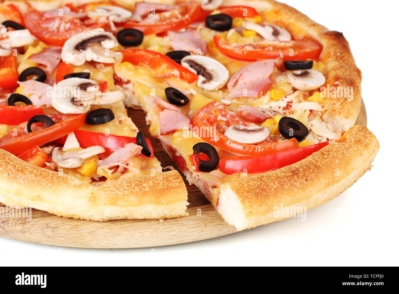 Sliced pizza close-up isolated on white Stock Photo - Alamy