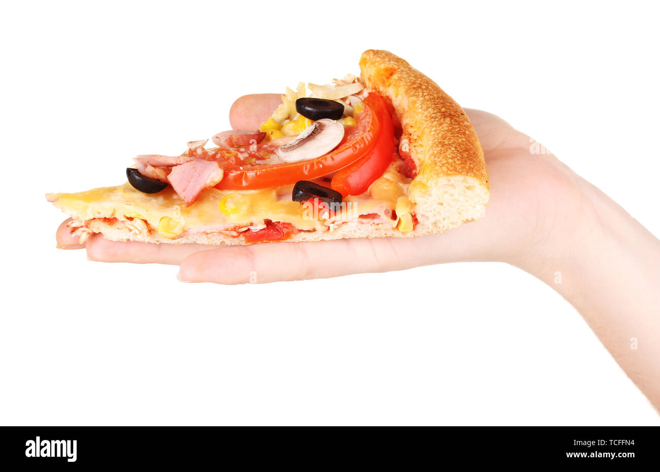 Slice of tasty pizza in hand close-up isolated on white Stock Photo - Alamy