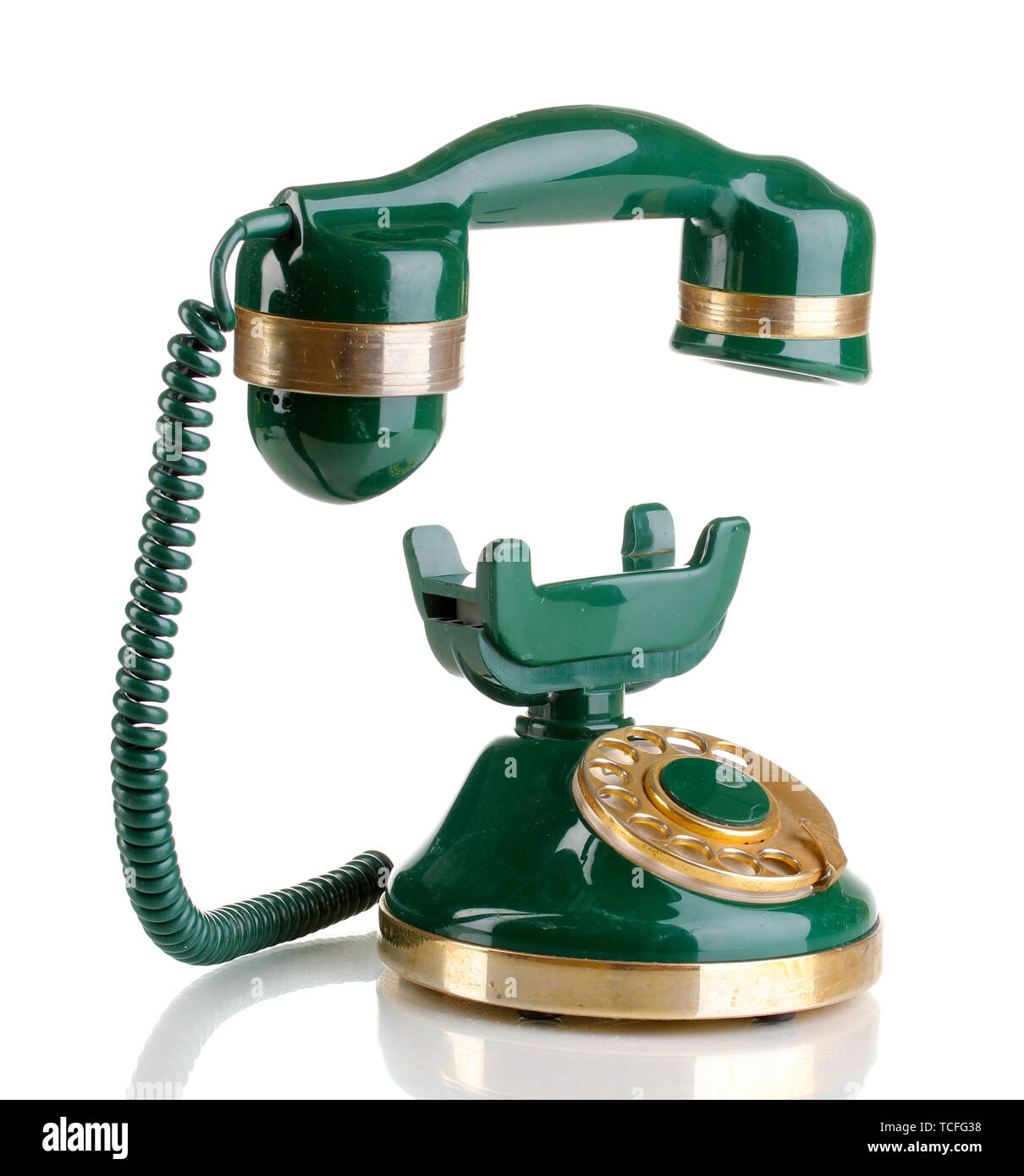 Retro phone with floating handset isolated on white Stock Photo - Alamy