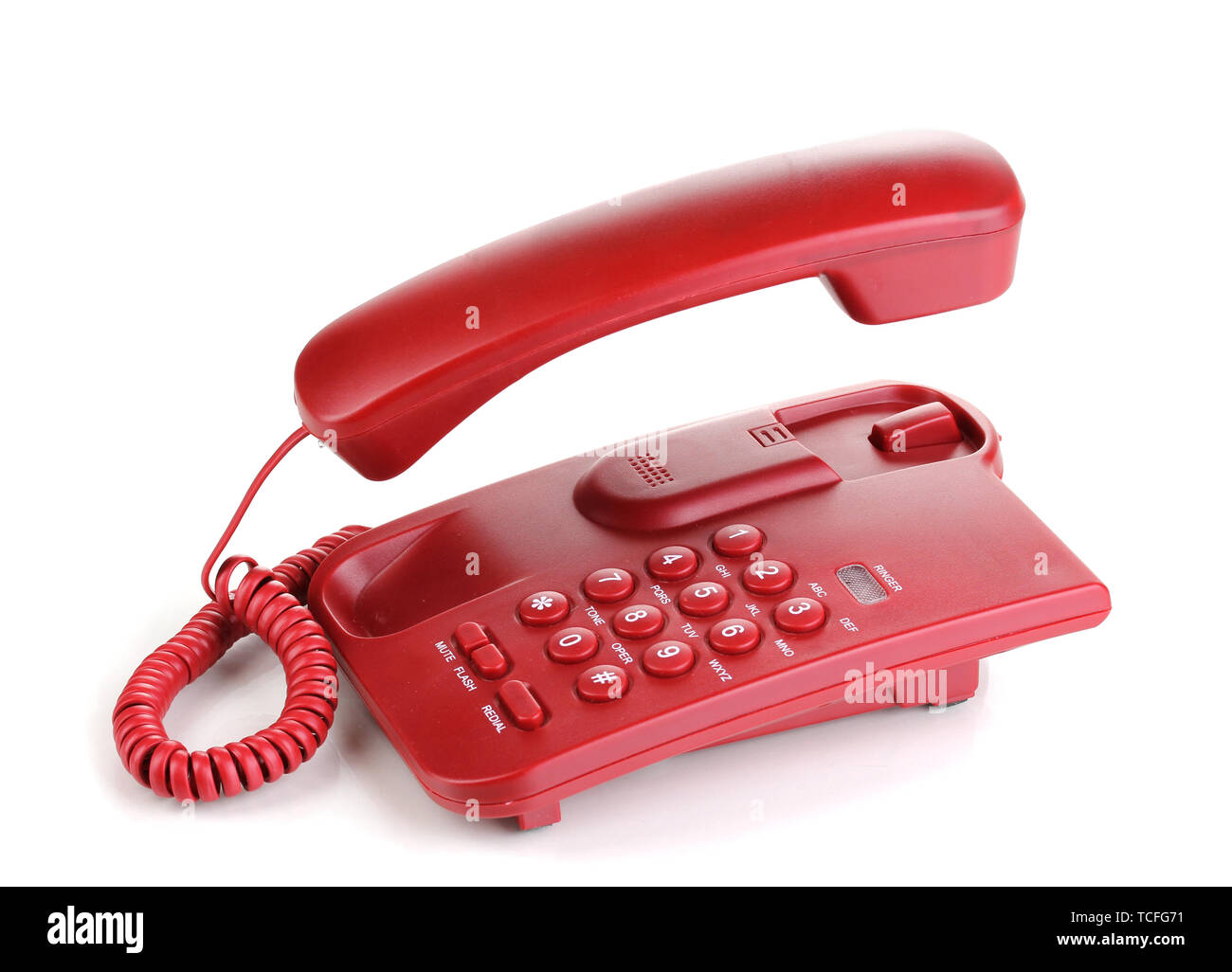 Red phone with floating handset isolated on white Stock Photo - Alamy
