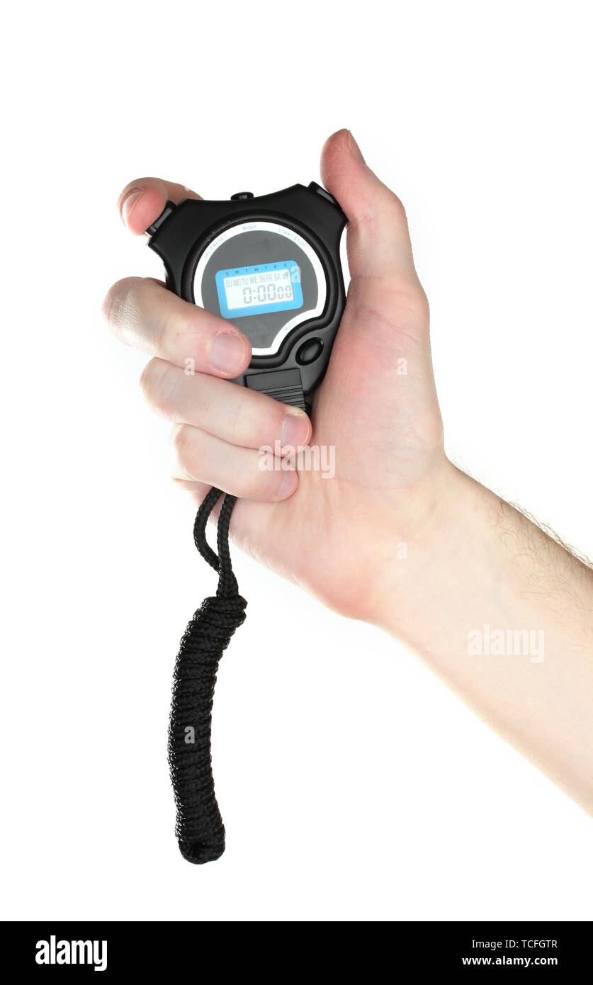 electronic sport timer in hand isolated on white Stock Photo - Alamy