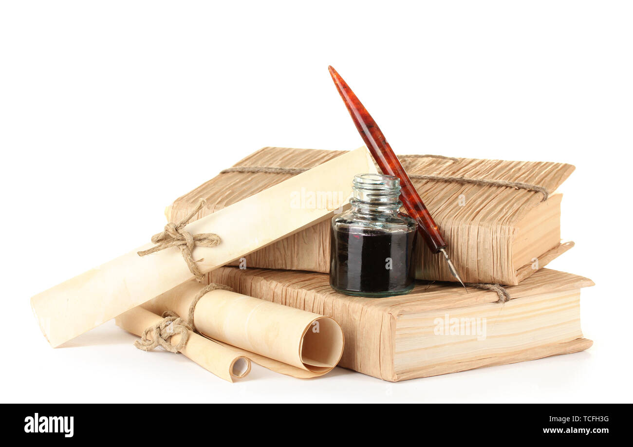 old books, ink pen and ink bottle isolated on white Stock Photo - Alamy