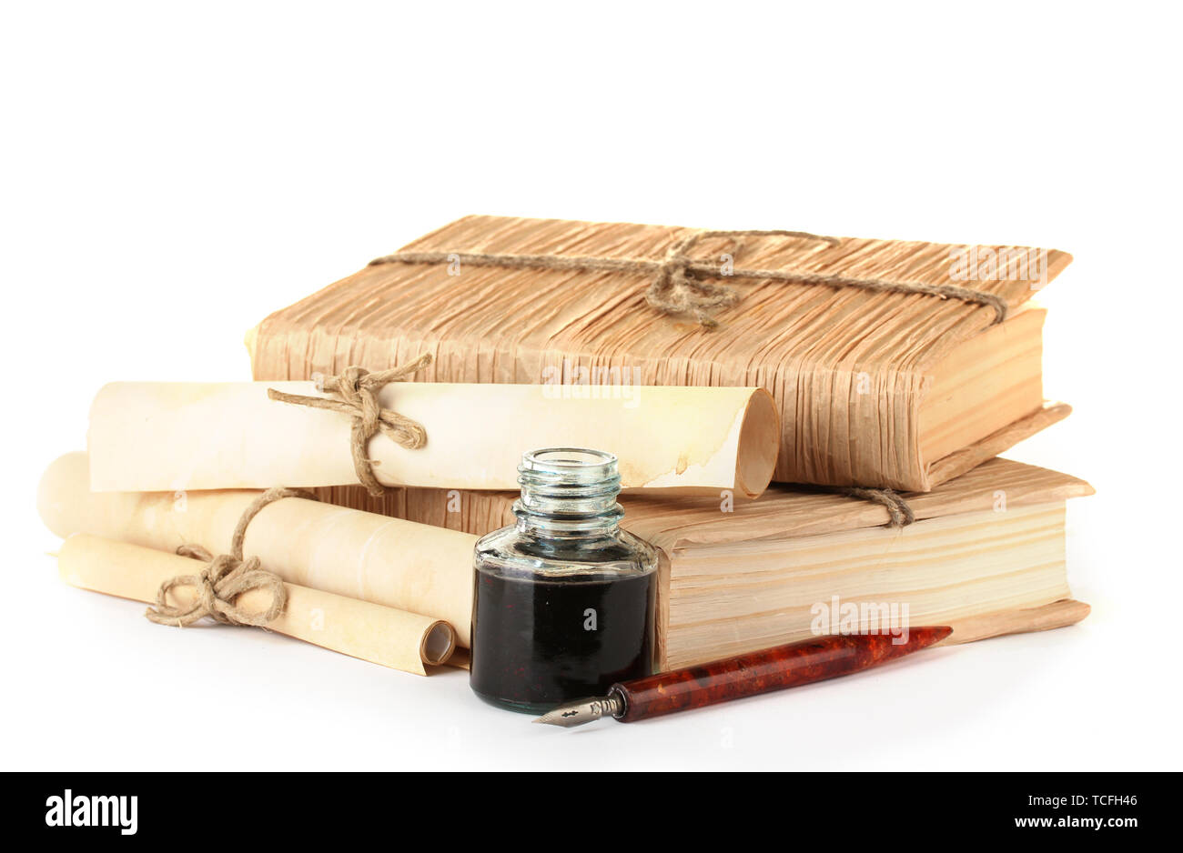 old books, ink pen and ink bottle isolated on white Stock Photo - Alamy