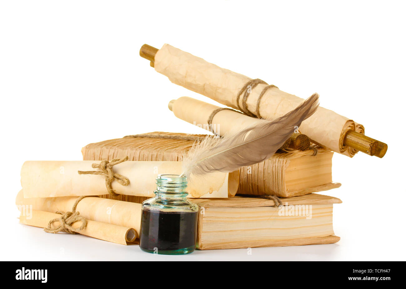 old books, letters and feather pen isolated on white Stock Photo - Alamy