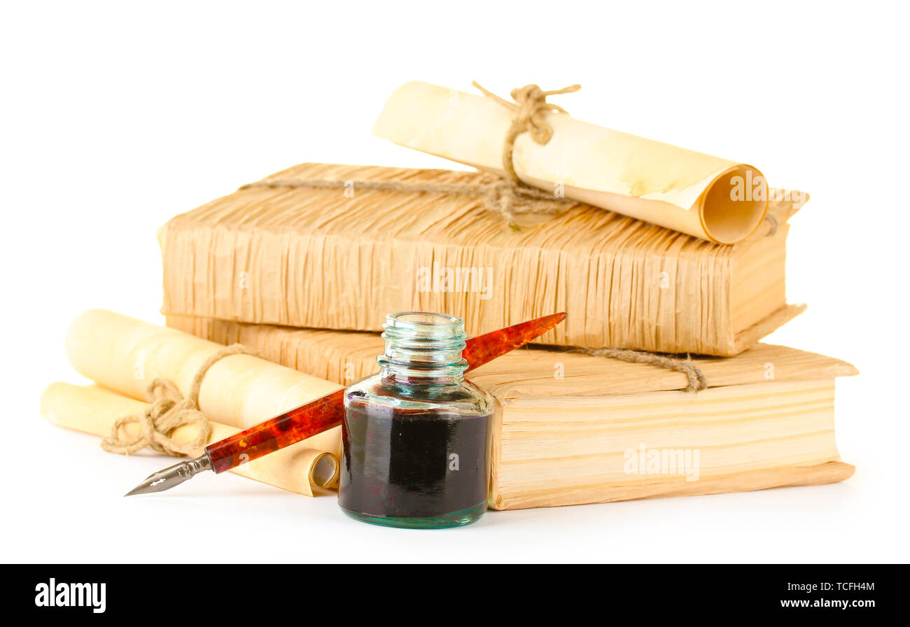 old books, ink pen and ink bottle isolated on white Stock Photo - Alamy