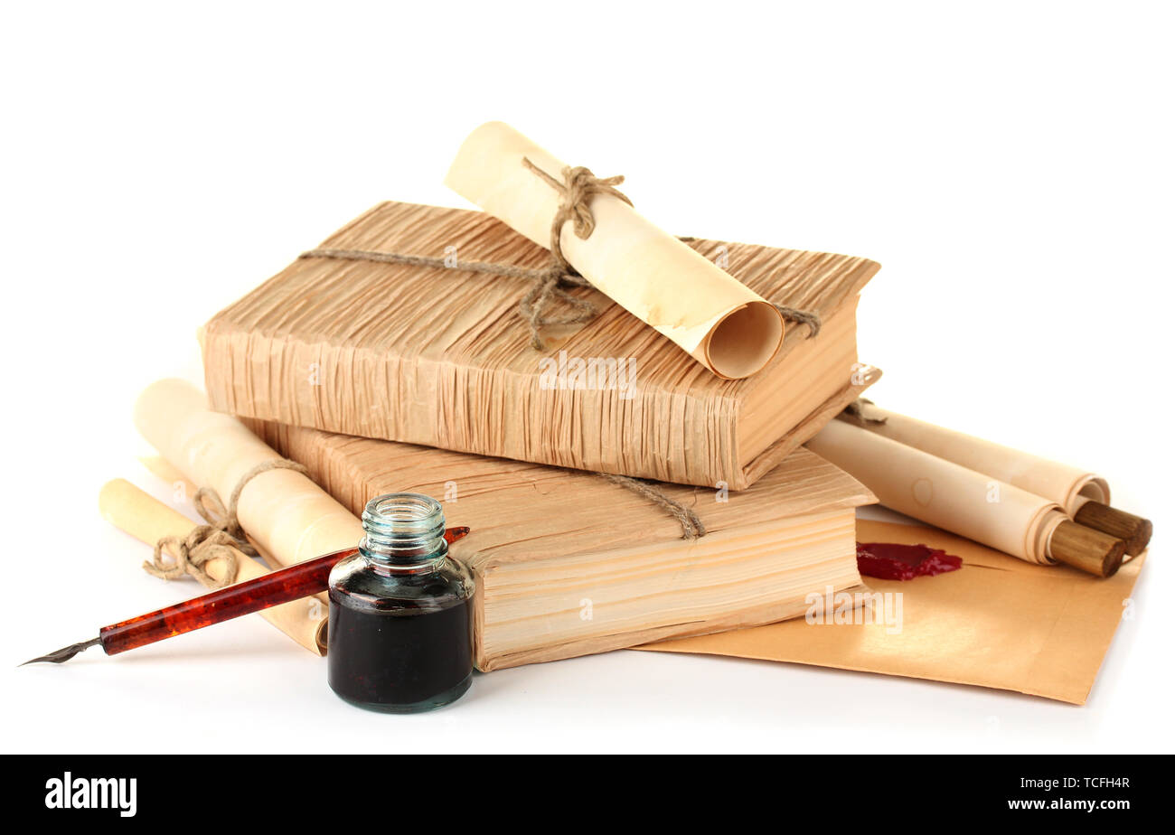 old books, ink pen and ink bottle isolated on white Stock Photo - Alamy