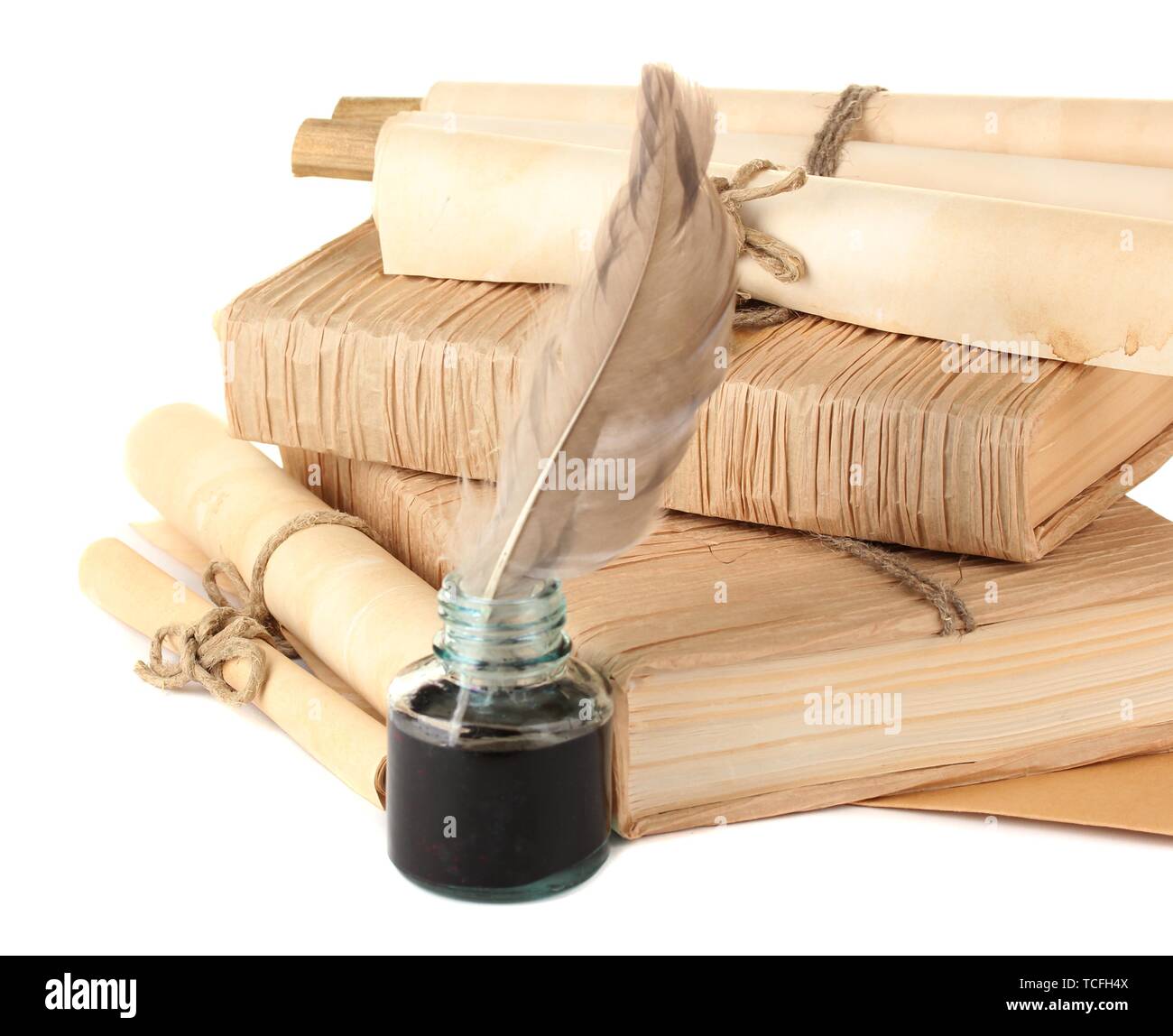 old books, letters and feather pen isolated on white Stock Photo - Alamy