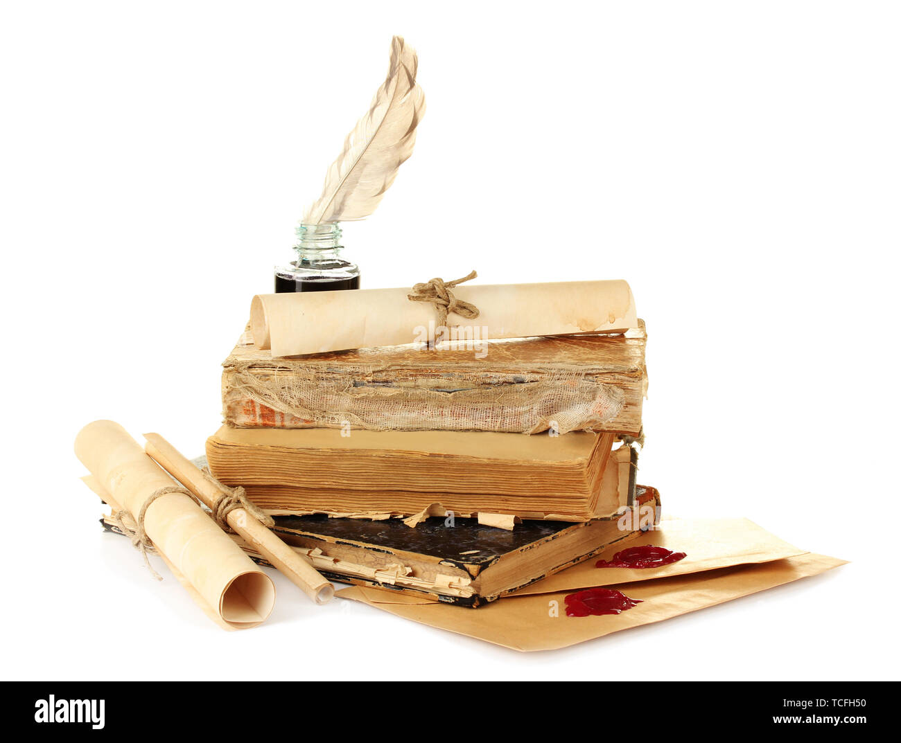 old books, letters and feather pen isolated on white Stock Photo - Alamy