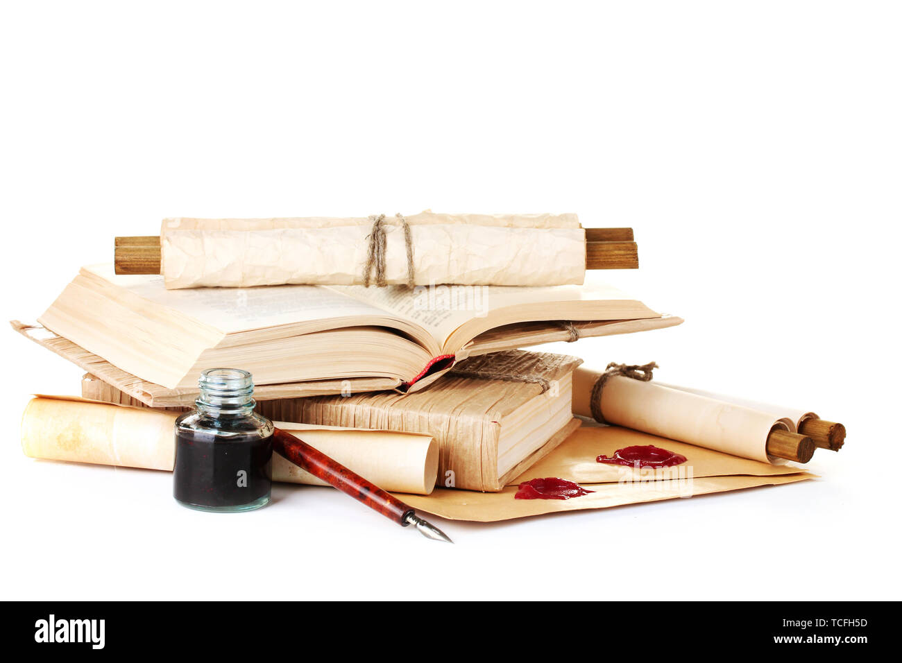 old books, ink pen and ink bottle isolated on white Stock Photo - Alamy