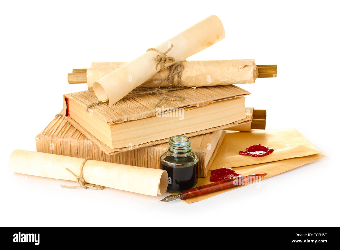 old books, letters and ink pen isolated on white Stock Photo - Alamy
