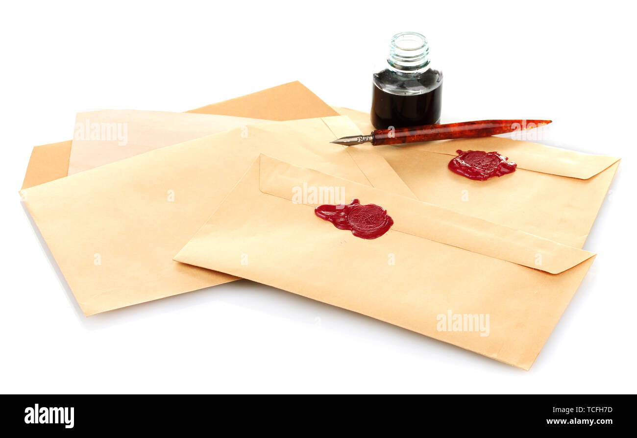 ink pen, inkwell and old letters isolated on white Stock Photo - Alamy