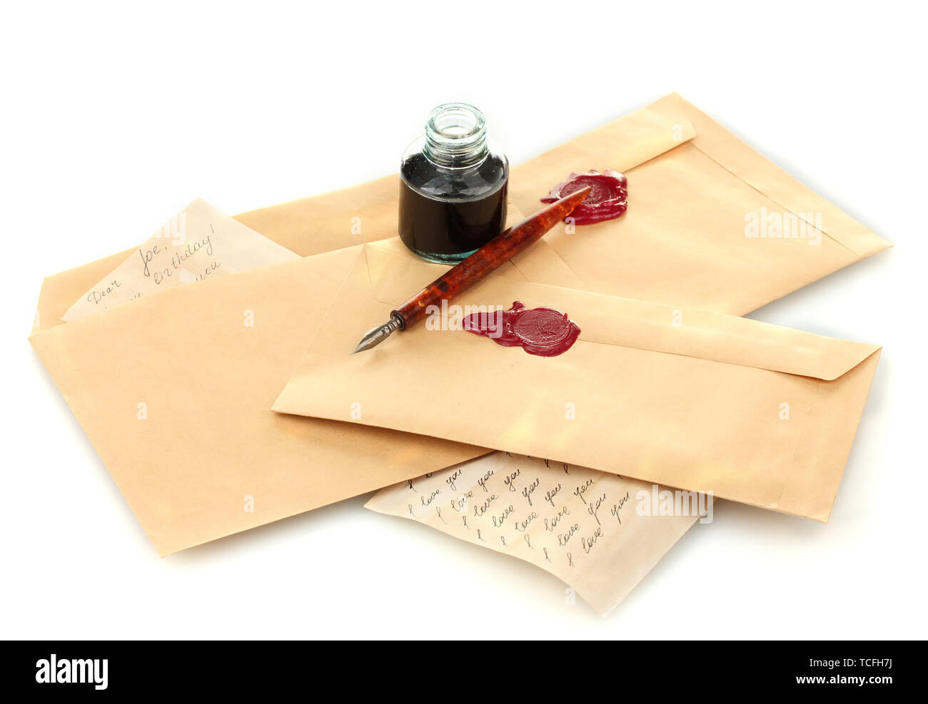 ink pen, inkwell and old letters isolated on white Stock Photo - Alamy