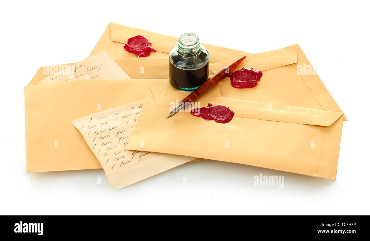 ink pen, inkwell and old letters isolated on white Stock Photo - Alamy