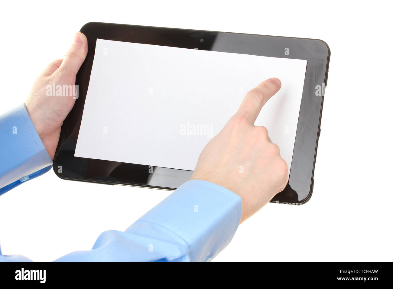male hands holding a tablet isolated on white Stock Photo - Alamy
